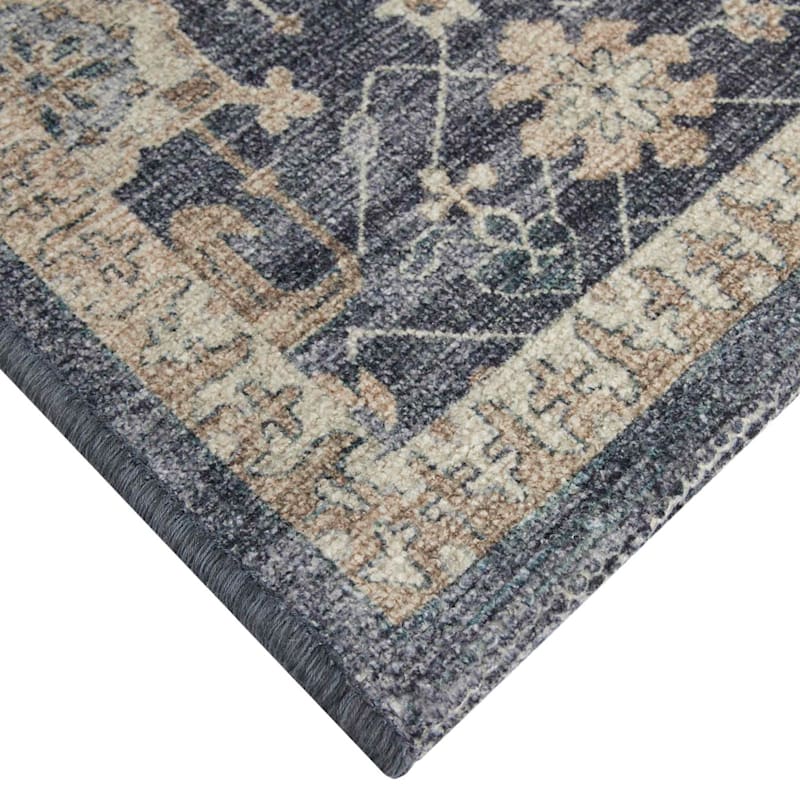 Navy Blue Floral Print Washable Accent Rug, 27x45