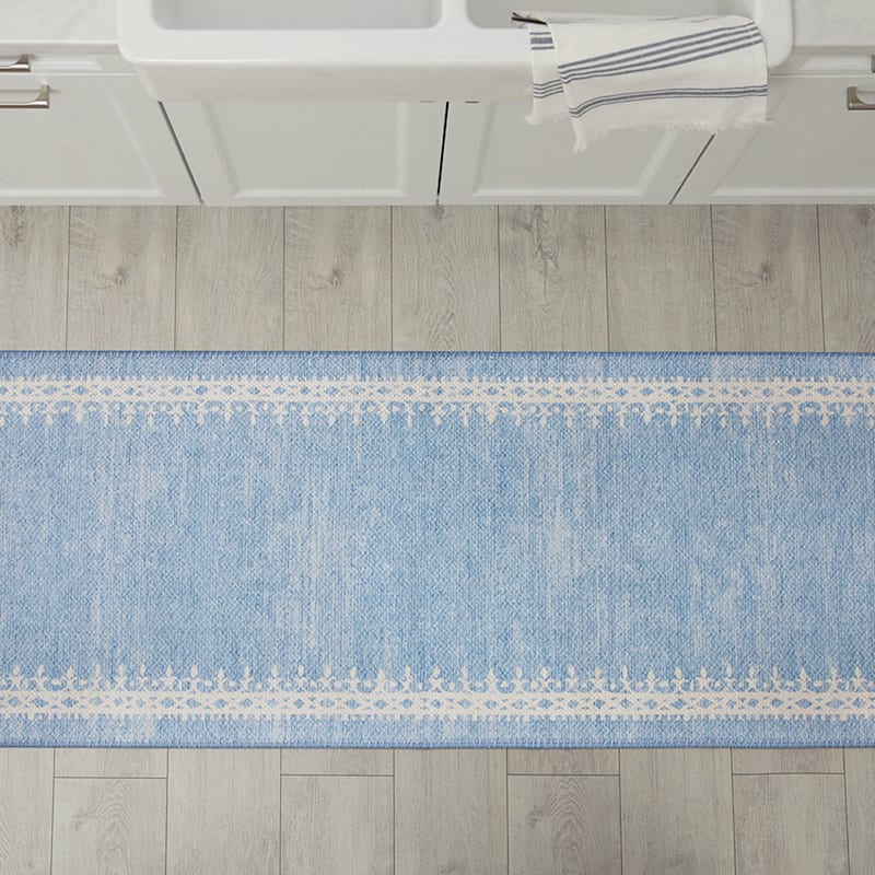 Bistro Light Blue Washable Kitchen Runner with Gelback 2x5 | At Home