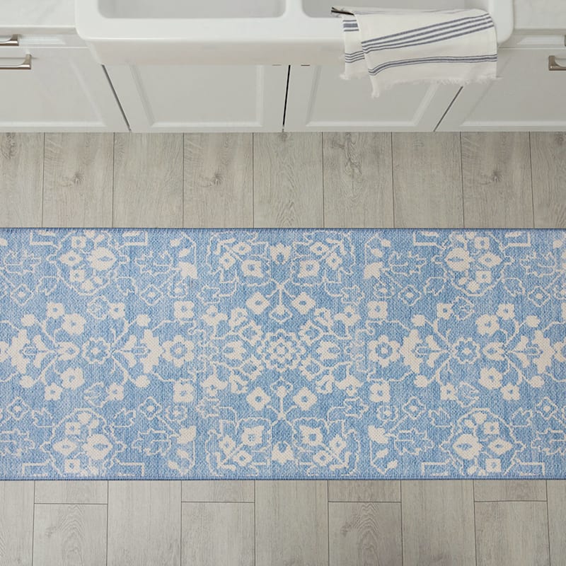 Bistro Light Blue Floral Washable Kitchen Rug with Gelback 22x60 | At Home