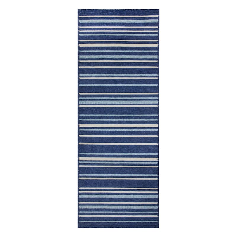 Bistro Blue Striped Washable Kitchen Runner with Gelback, 2x5