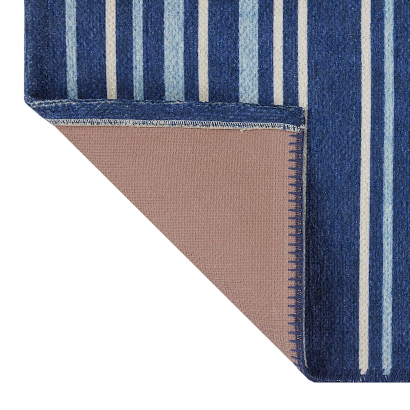 Bistro Blue Striped Washable Kitchen Runner with Gelback, 2x5