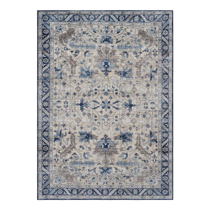 (B876) Dove Ivory & Blue Medallion Washable Area Rug, 5x7