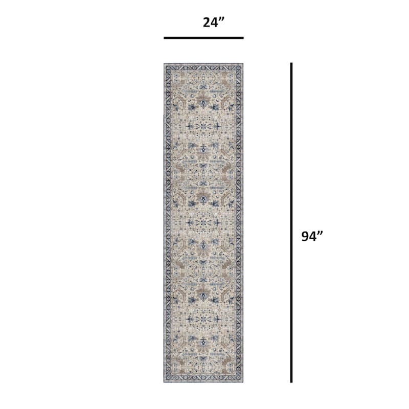 (B876) Dove Ivory & Blue Medallion Washable Runner, 2x8