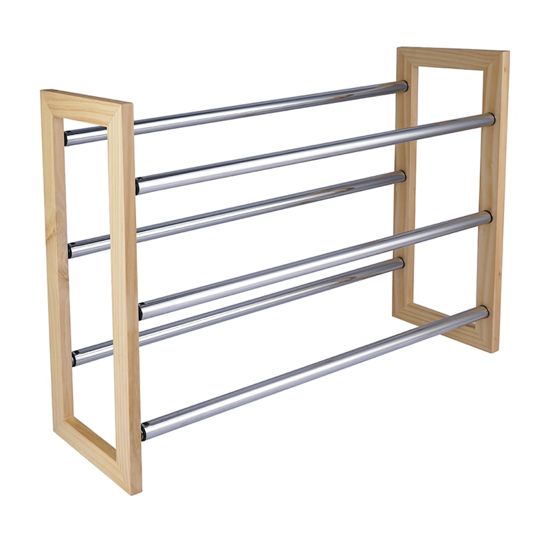 3-Tier Bamboo & Silver Expandable Shoe Rack