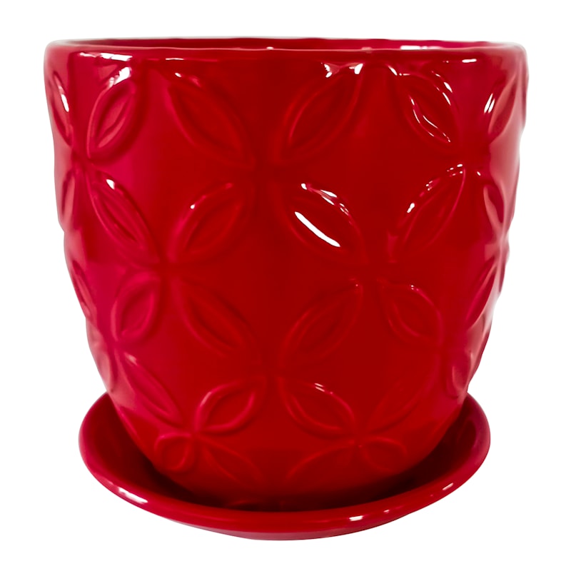 Indoor Red Flower Embossed Ceramic Planter with Saucer, Medium