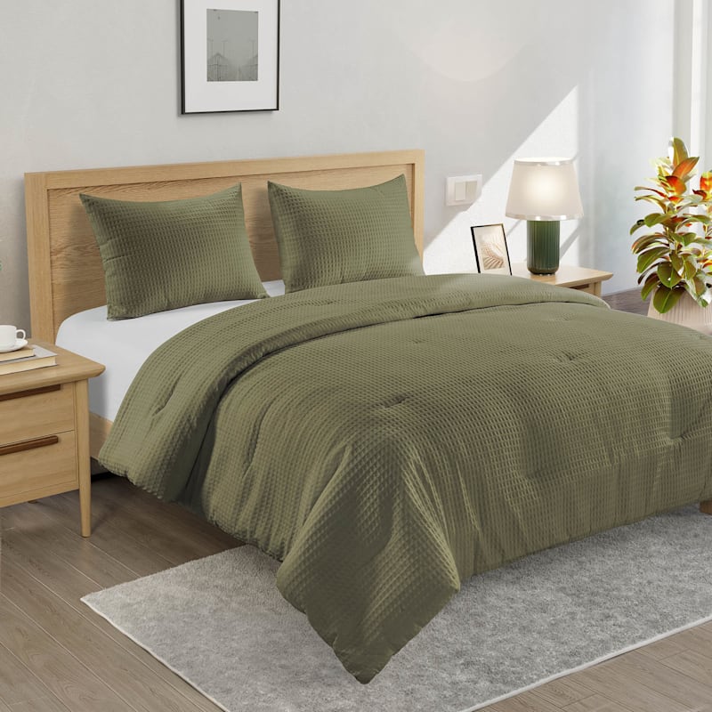 Crosby St. 3-Piece Olive Green Washed Cotton Waffle Comforter Set, Full ...