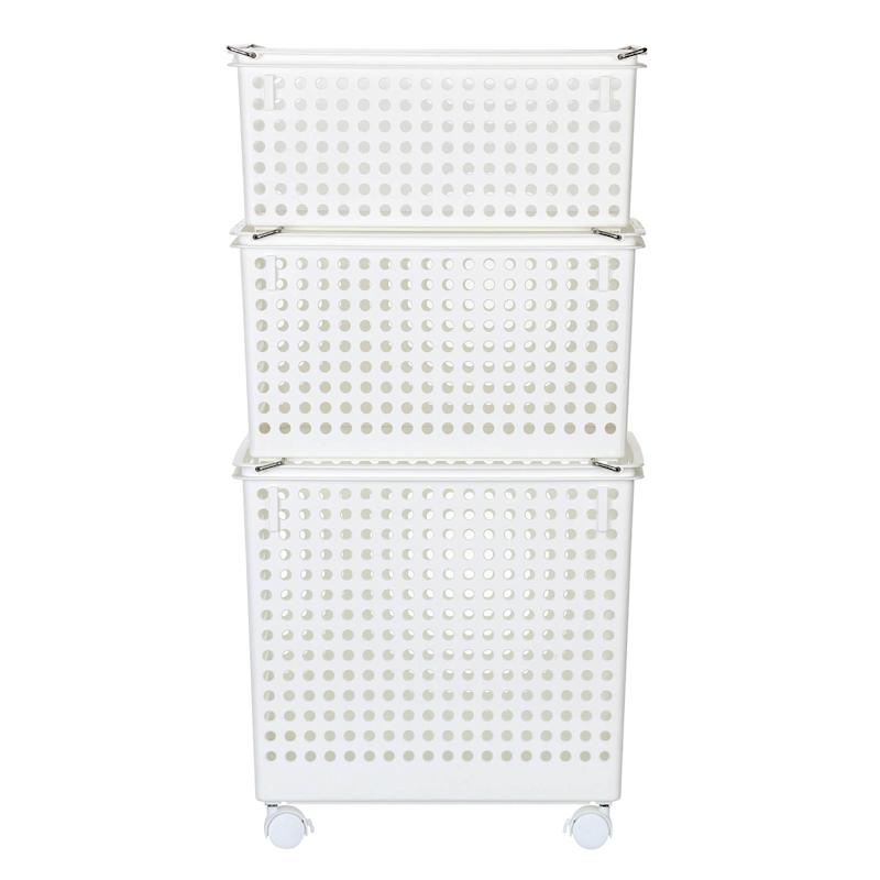 3-Piece White Stackable Storage Basket with Wheels