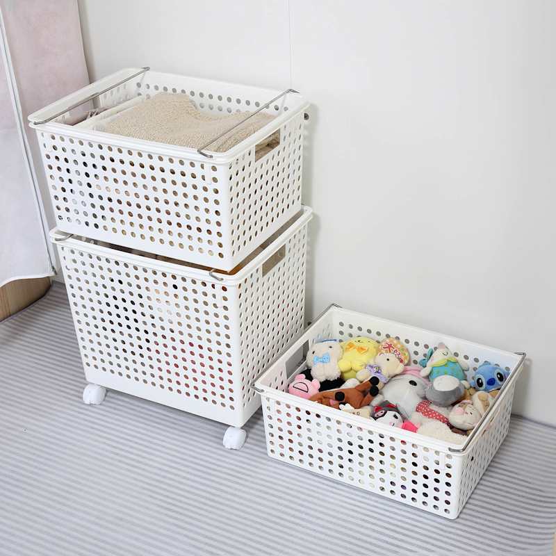 3-Piece White Stackable Storage Basket with Wheels