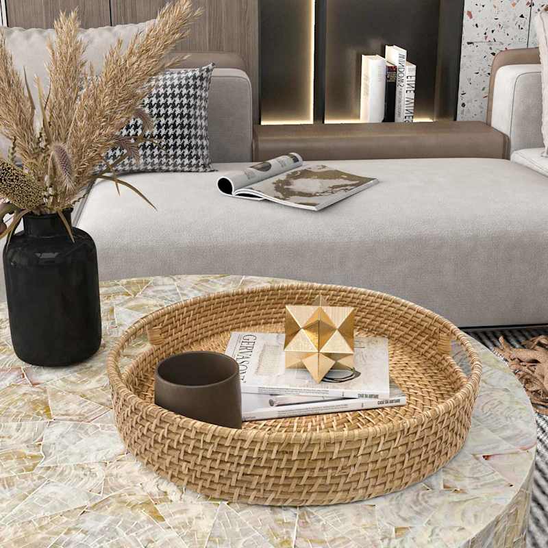 Tan Round Rattan Tray, 17.3"