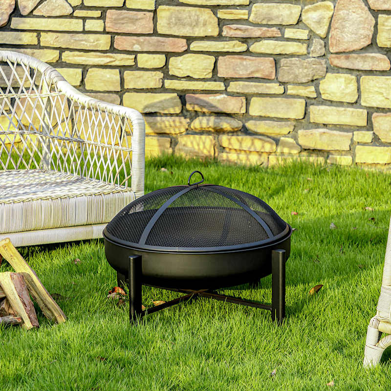 Deep Bowl Round Fire Pit Wood Grate Mesh Screen with Poker, 26" | At Home